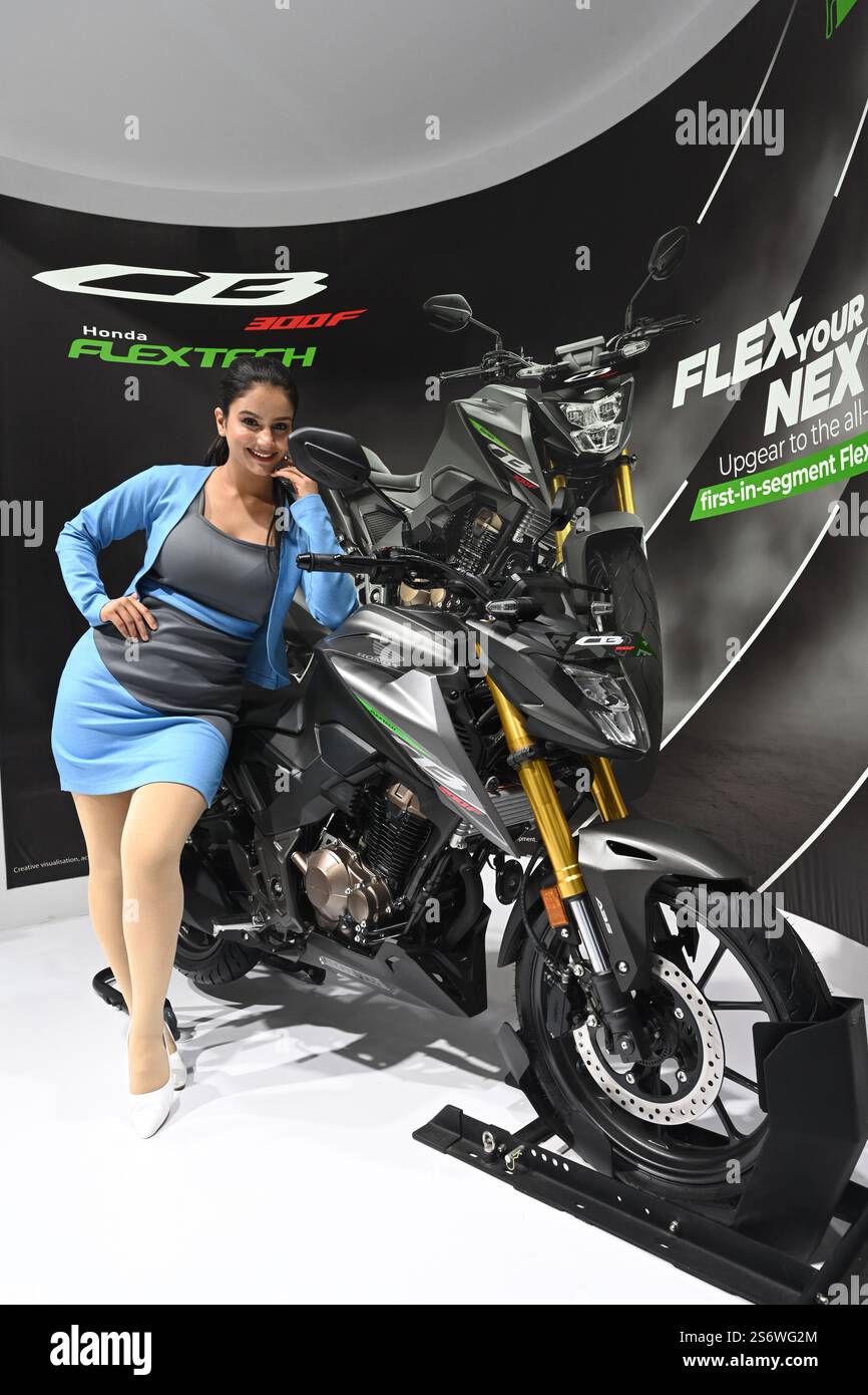 New Delhi, India. 17th Jan, 2025. NEW DELHI, INDIA - JANUARY 17: Model with Honda QC E Bike and ...