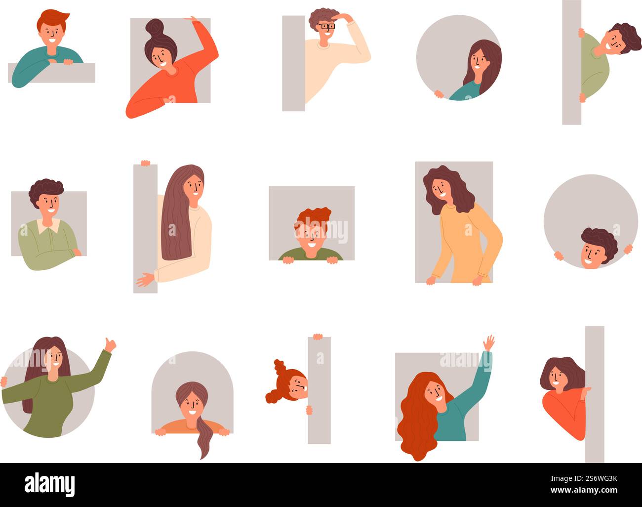 Peeping people. Characters looking out various frames cheering curious ...