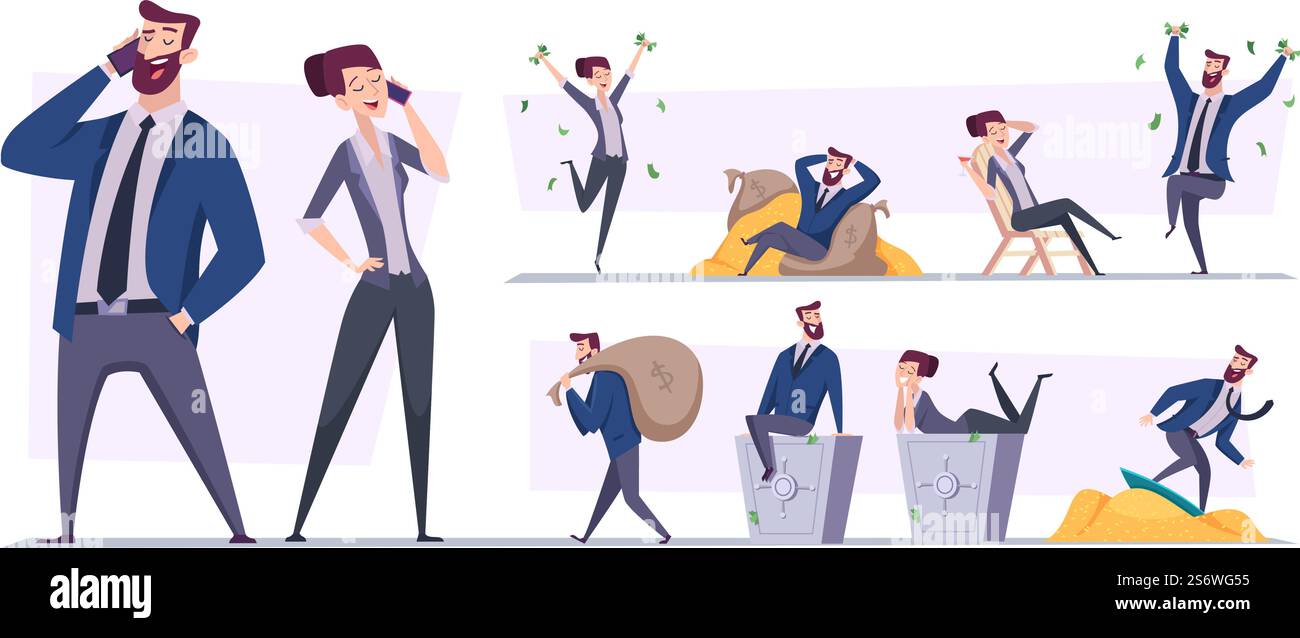 Rich people. Millionaire characters happy person with money golden ...