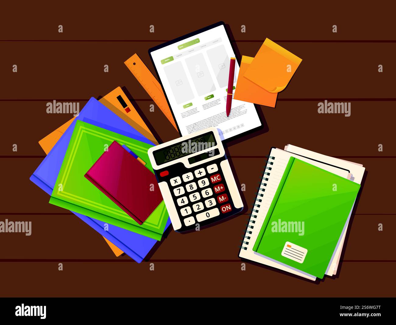 Business desk top view. Cover of books paper folder and other manager ...