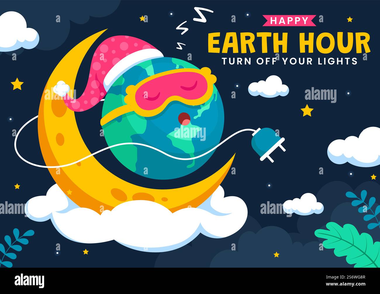 Happy Earth Hour Day Vector Illustration Featuring a Cloud, Light Bulb ...