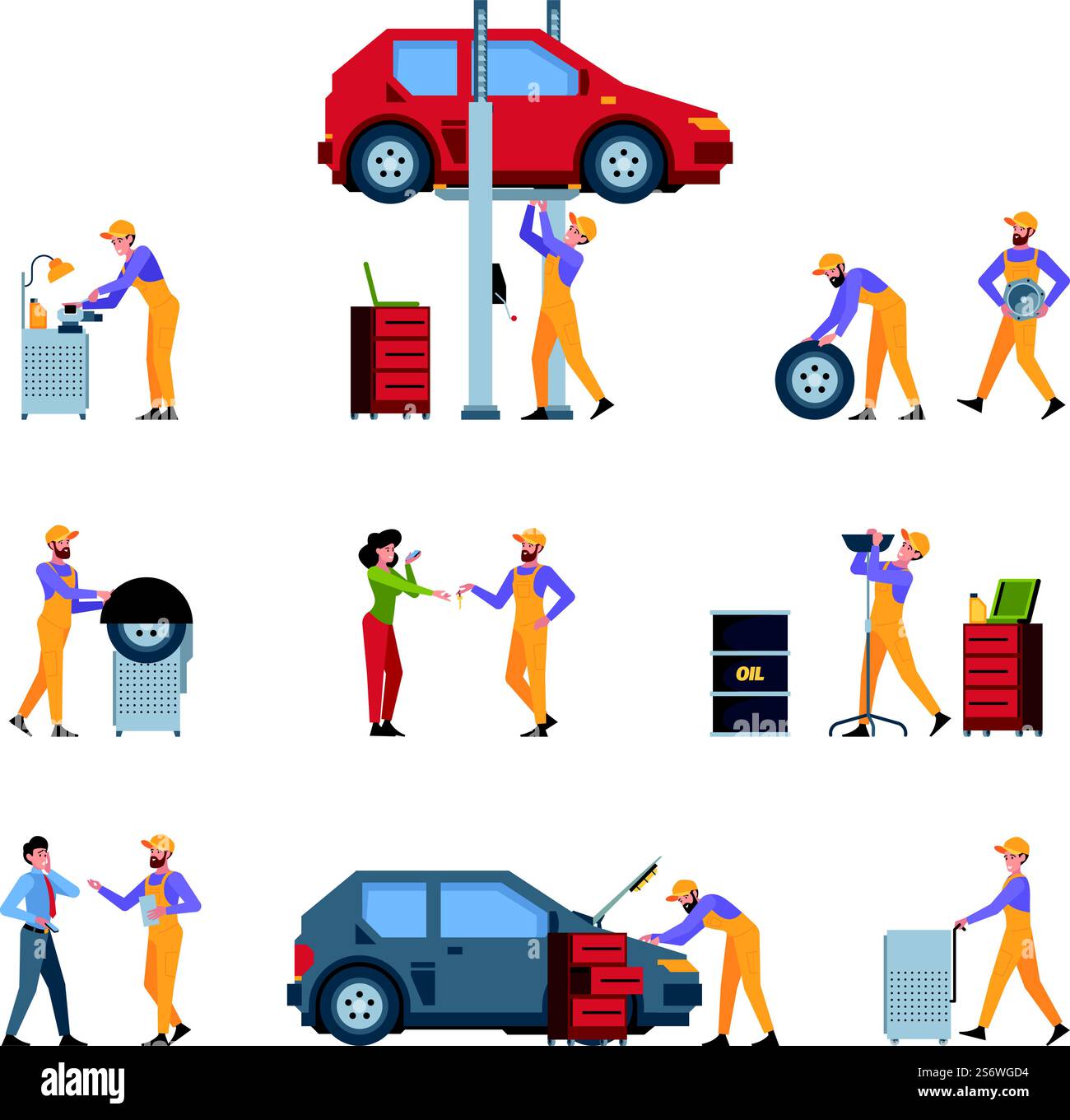 Car repairing. Auto service mechanic workers changing car parts garish ...