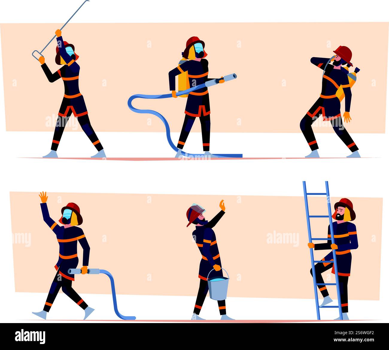 Fireman characters. Emergency safety save life persons fire fighters people with equipment ...