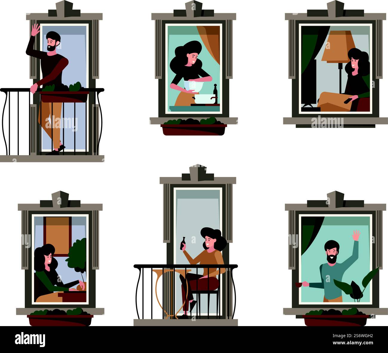 Window characters. People standing in balcony and window frames ...