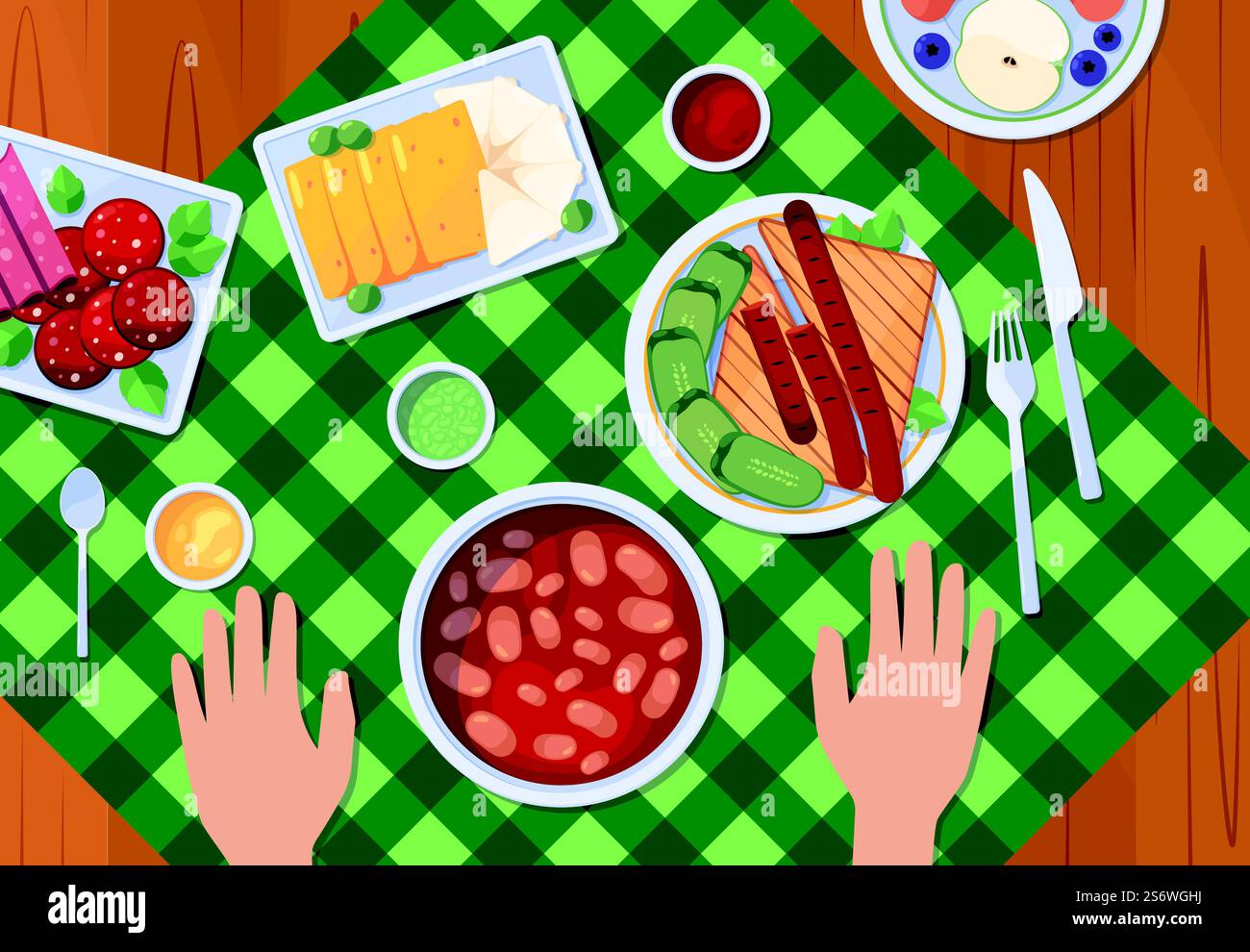 Hands with food top view. Human eating breakfast products on table ...