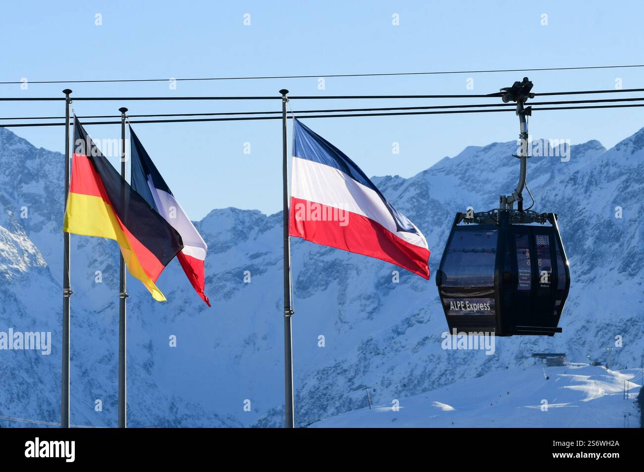 Alpe Huez, Isere, France. 13th Jan, 2025. Ski cabin and flags in the ...
