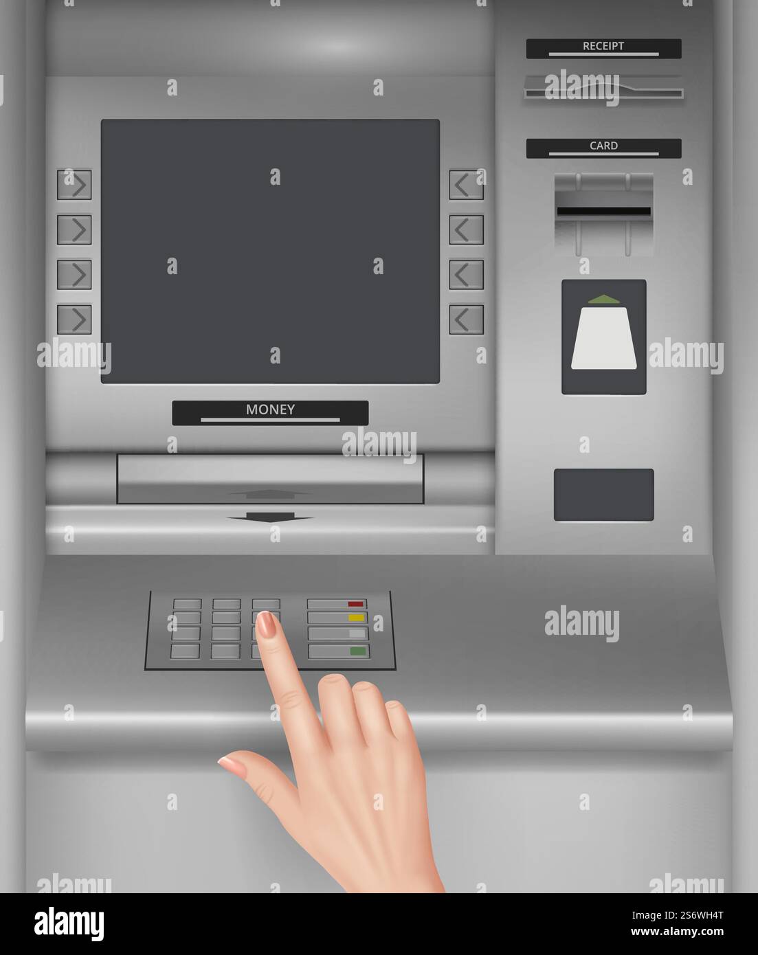 ATM screen. Monitor of payment machines hand holding money and banking card from ATM decent ...