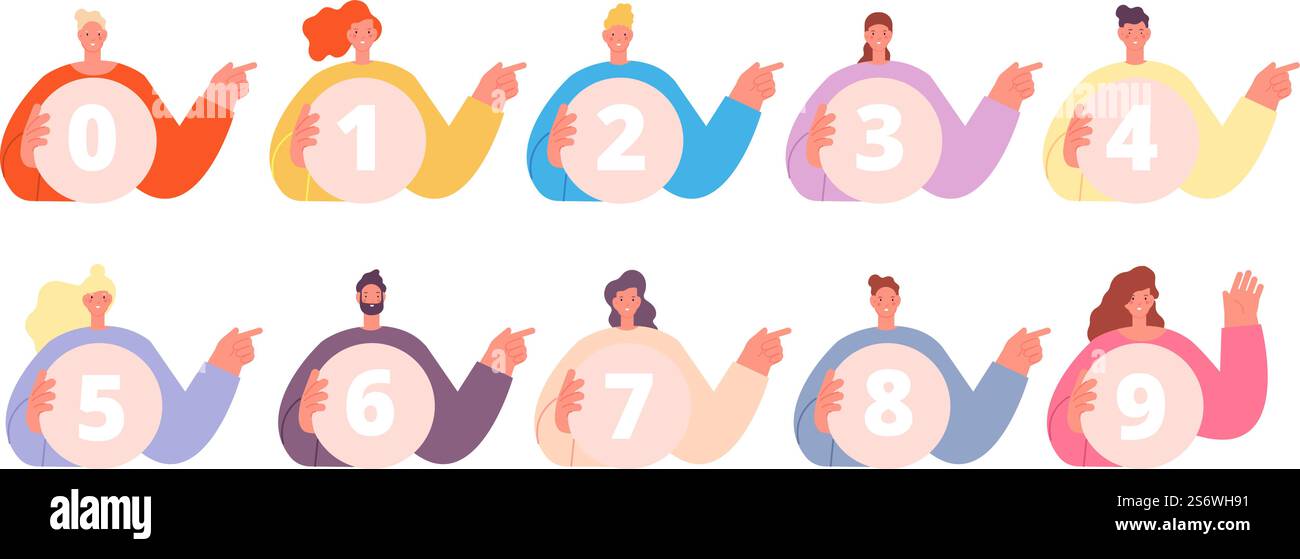 Count from 0 to 9. Happy people holding round banners with numbers ...