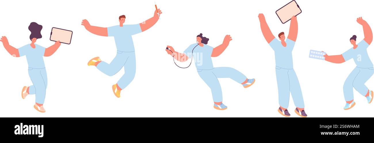Happy medical team flying with pills. Doctors and nurses, hospital ...