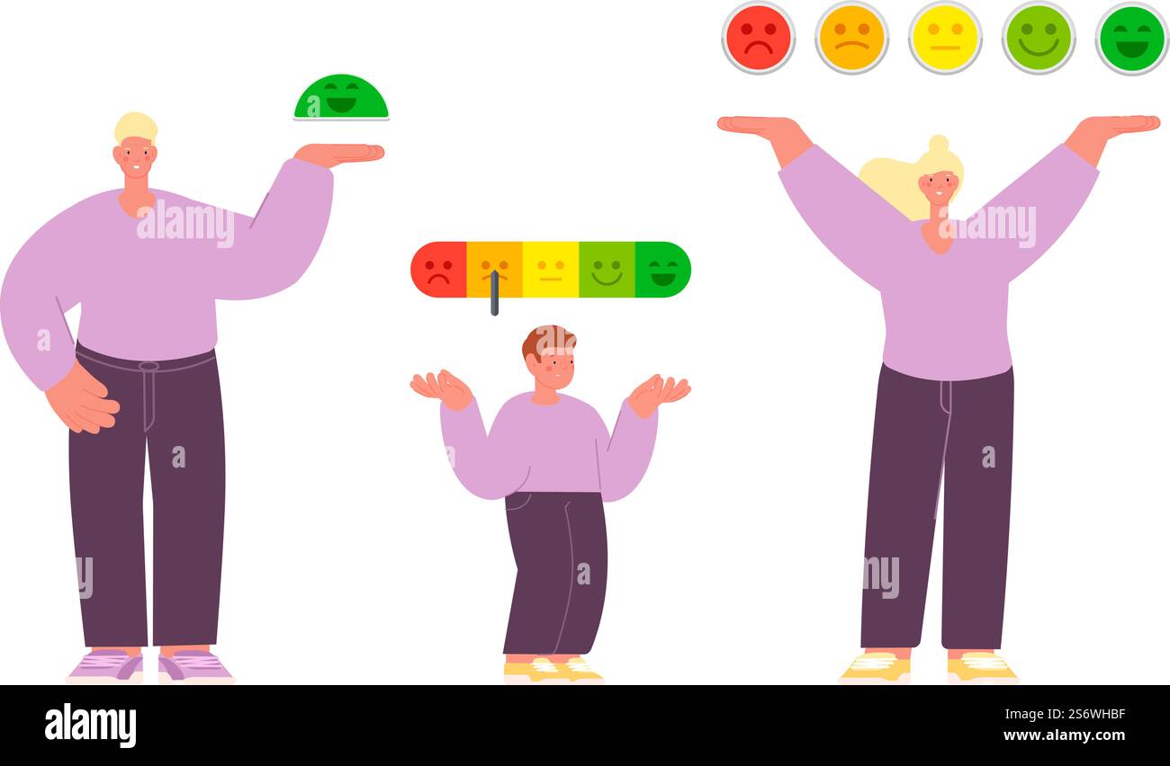 Different mood. Positive negative moods, people with emotions symbols. Happy man, sad boy and ...