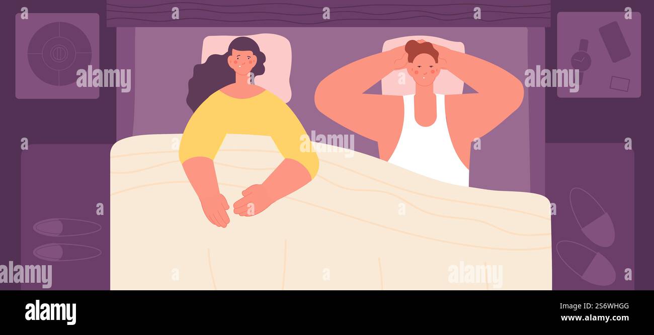 Insomnia problems. Sleeping man, tired couple in bed. Sleepless night ...