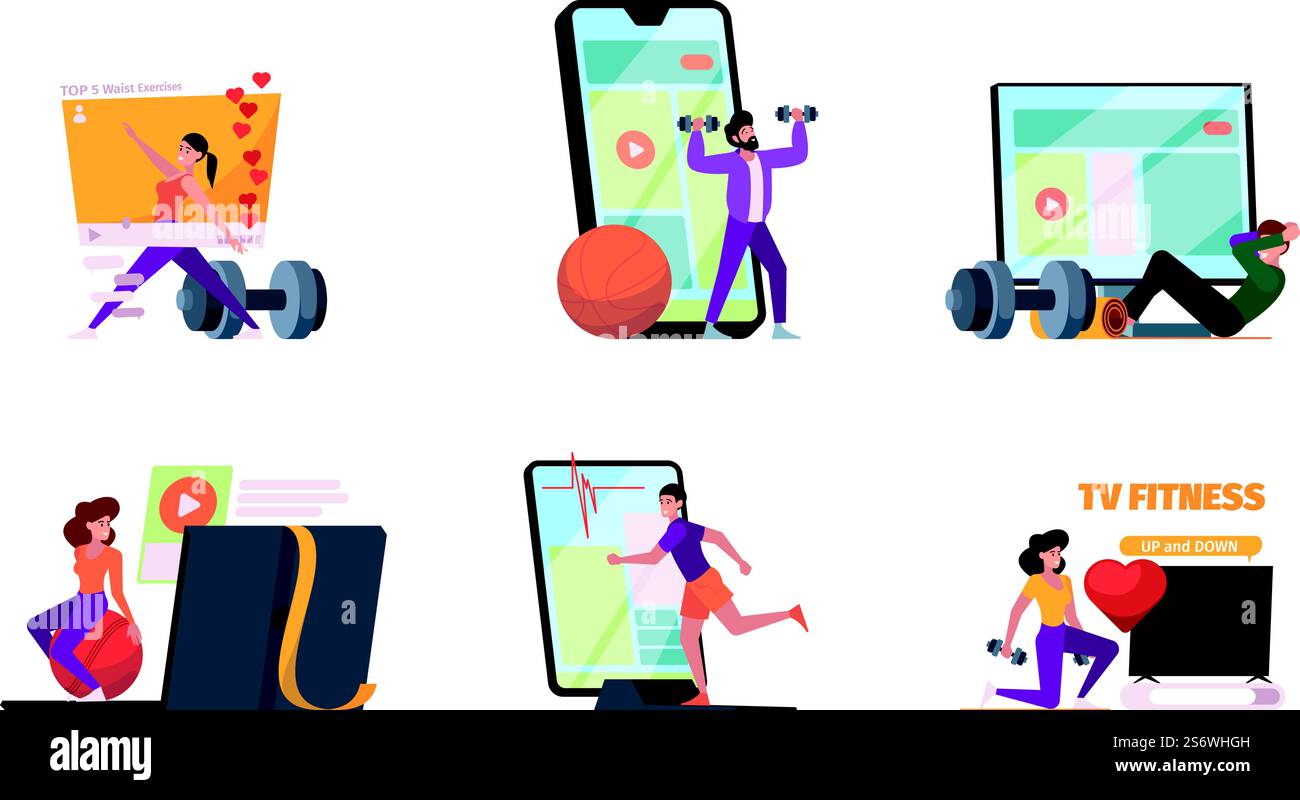 Personal trainer in gym vector set characters gym workout hi-res stock ...