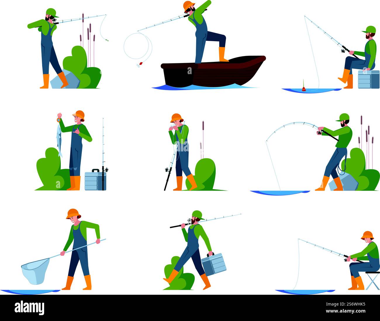 Fishing hobby. Spinning and hook for fisherman fish characters in ...