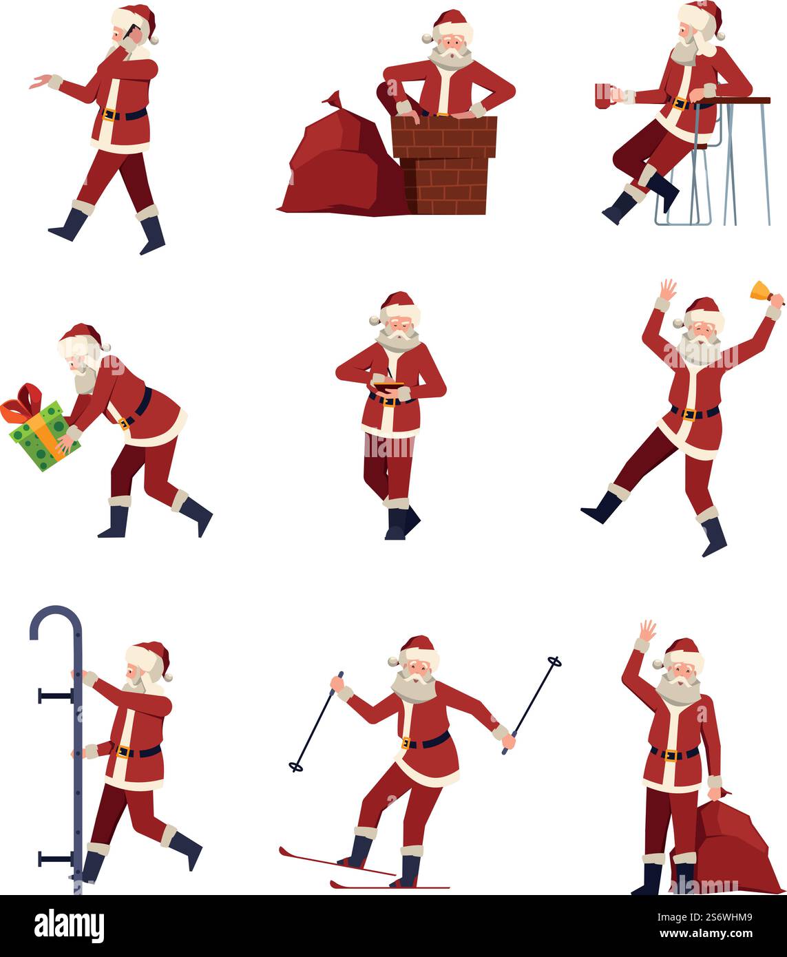 Funny santa. Christmas fairy tale character in action poses holding ...