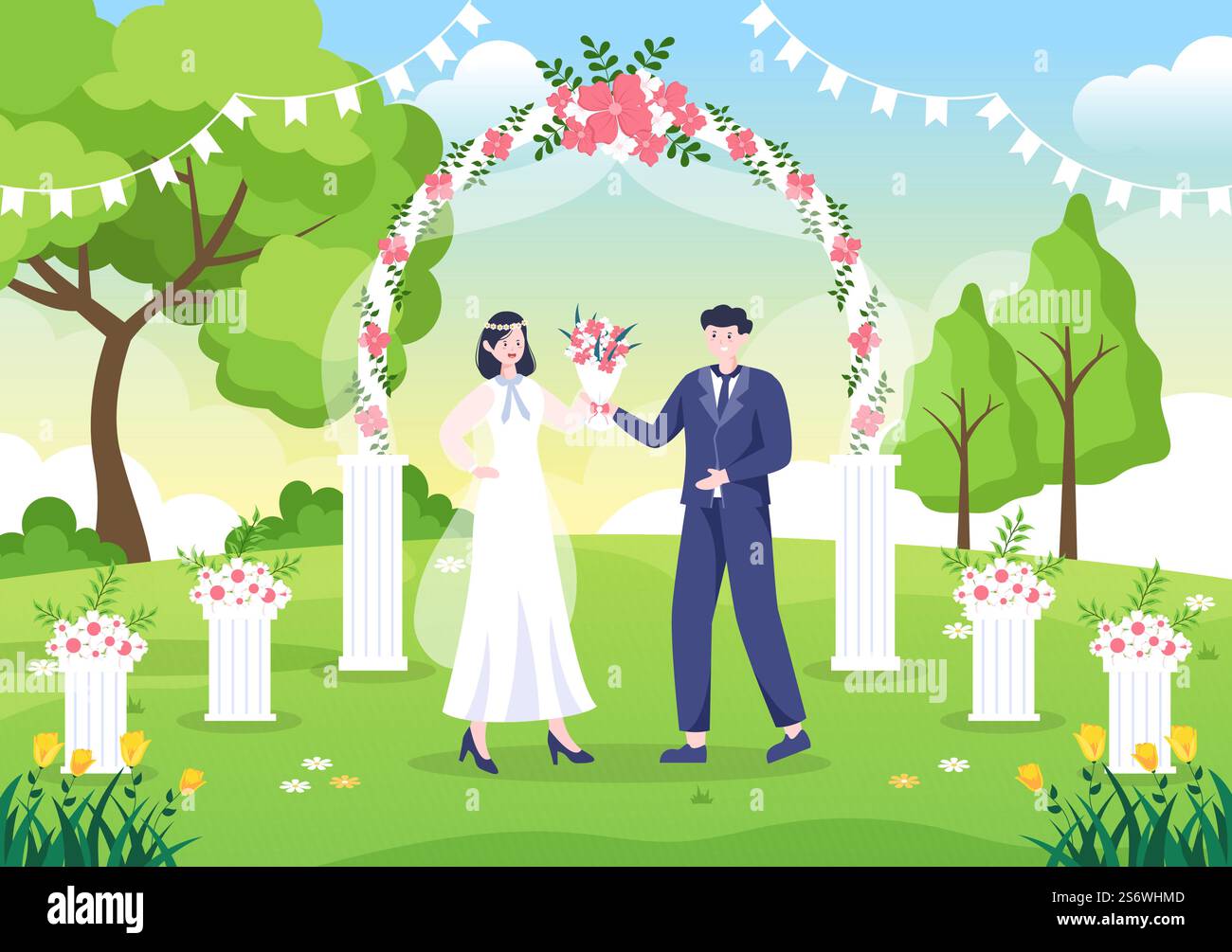 Happy Couple Celebrating Wedding or Married Ceremony with Beautiful ...