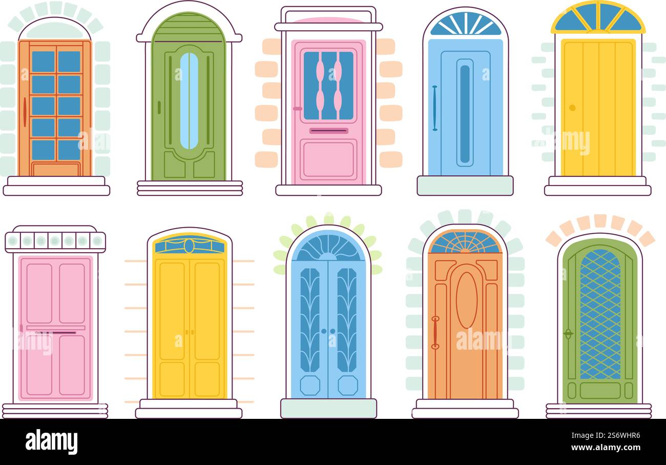 Cartoon front doors. Retro facade door, buildings front exterior ...