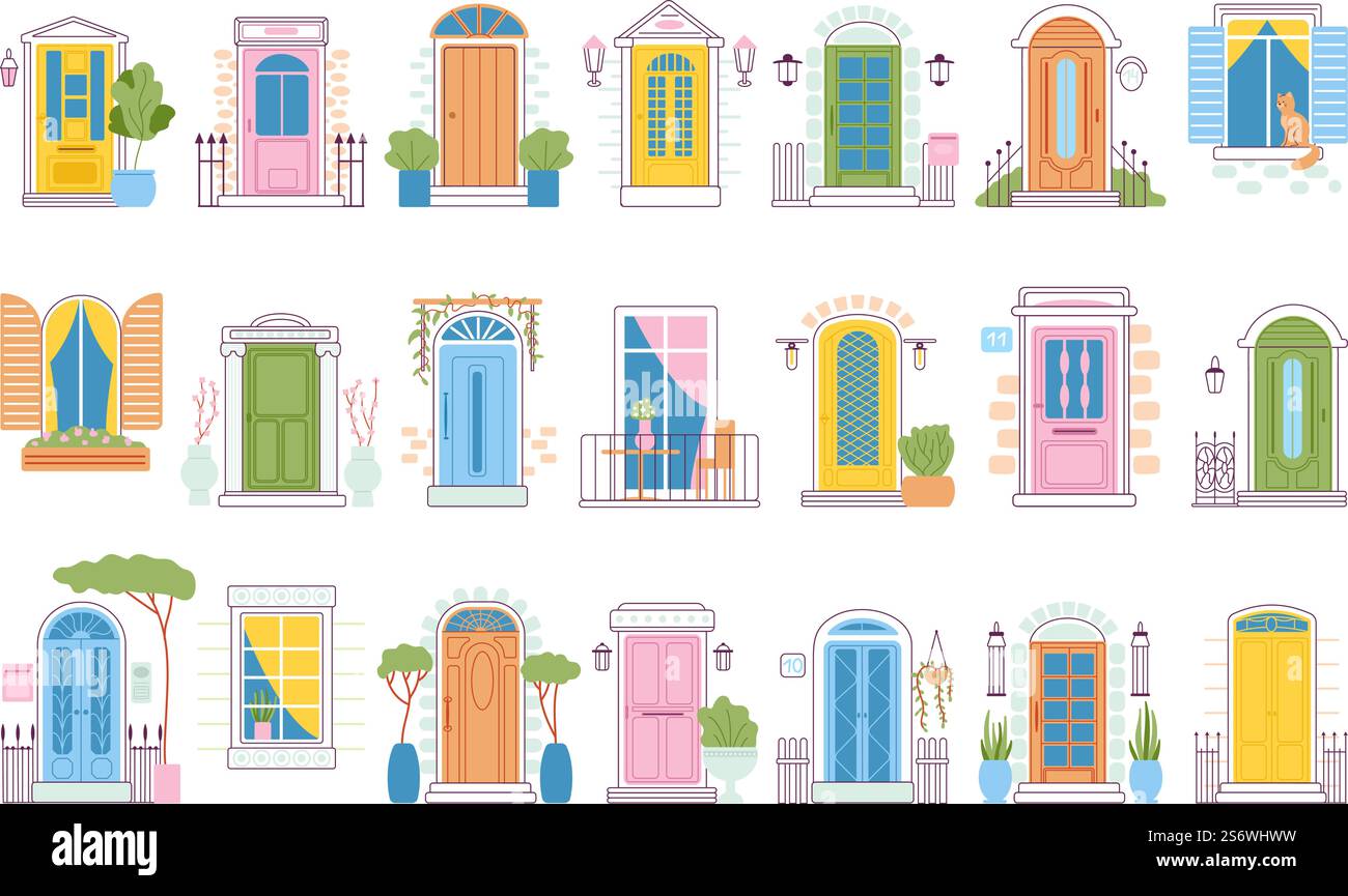 Front doors and windows. Cartoon flat entrance, house facades elements ...