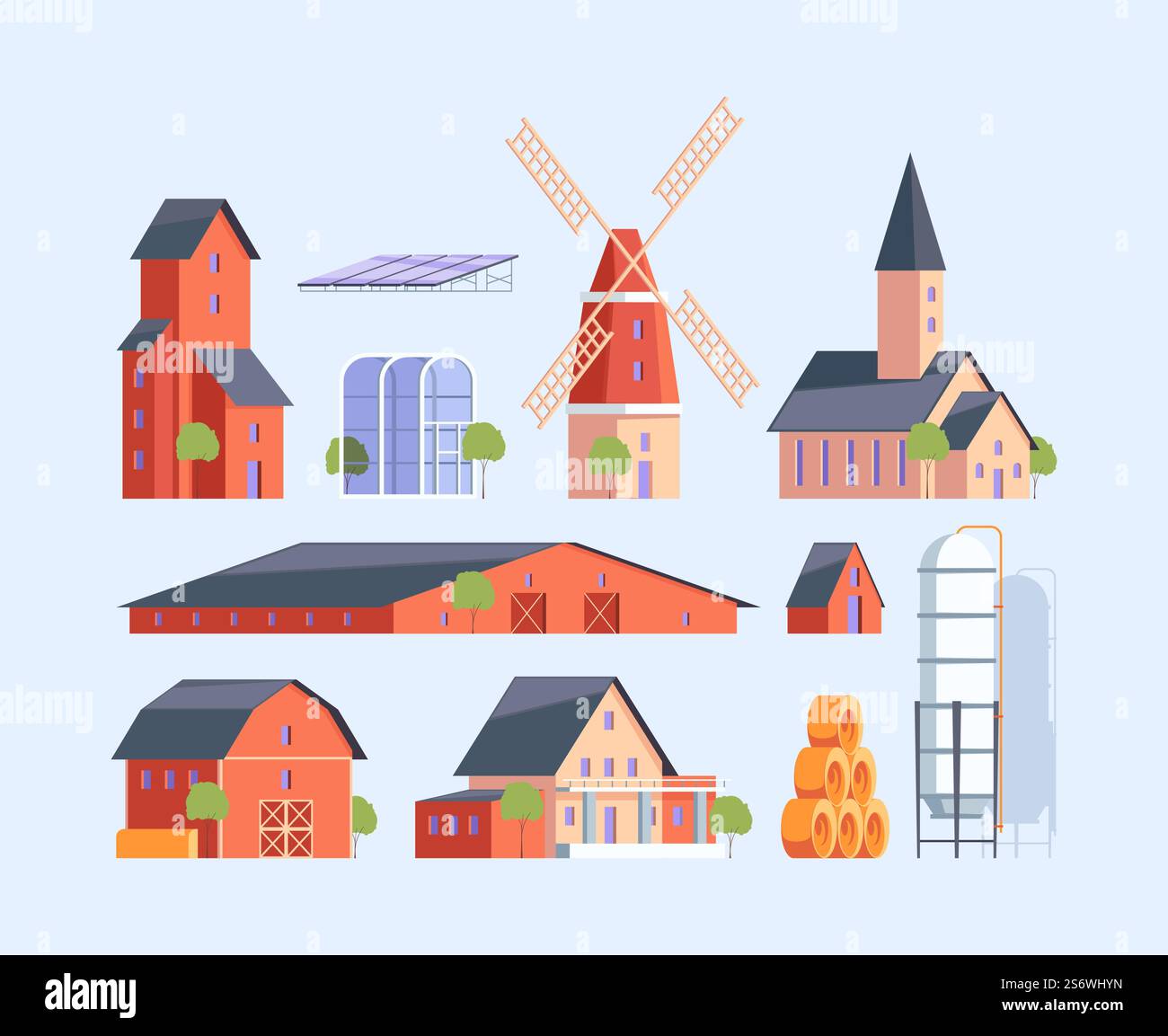 Farm constructions. Rural buildings village old buildings medieval agricultural illustrations in ...