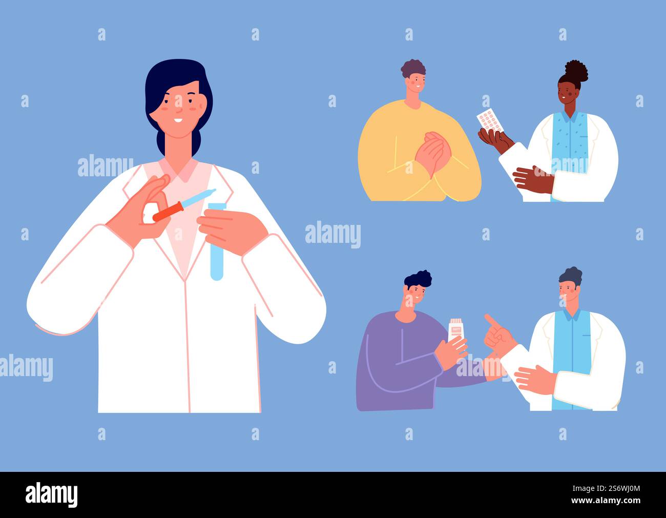 Pharmacy characters people buy pills or medication medical lab research ...