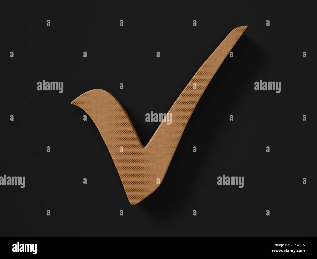 Perforated leather check mark symbol on black background. 3d ...
