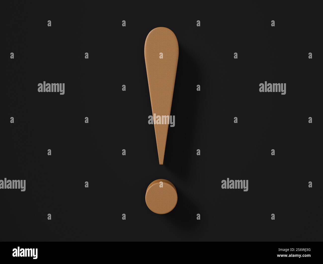 Perforated leather exclamation mark symbol on black background. 3d ...