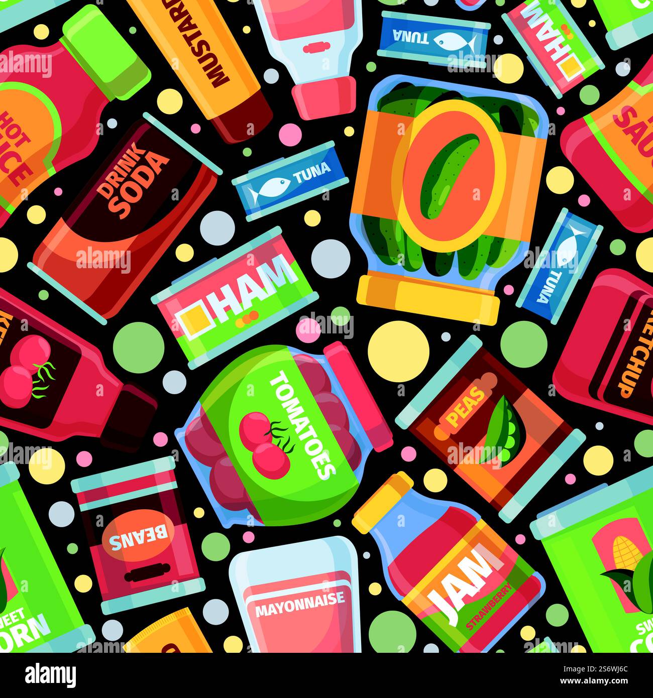 Food pattern. Canned grocery products pictures for textile design ...