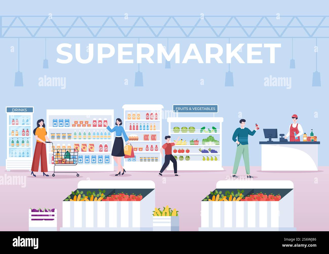 Supermarket with Shelves, Grocery Items and Full Shopping Cart, Retail ...