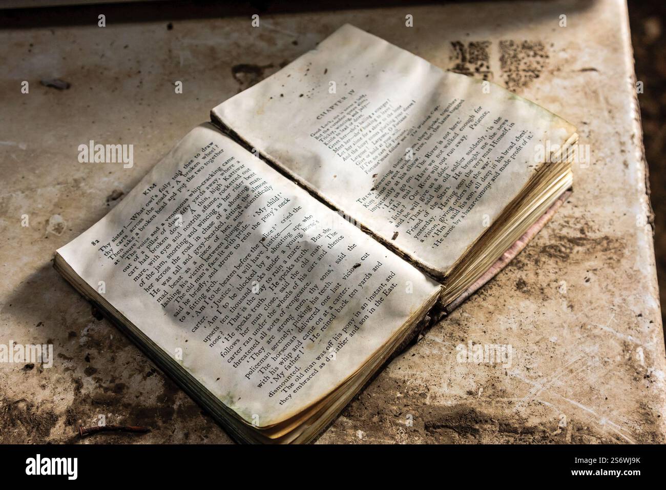 A book is open to a page with a few words on it. The book is old and ...