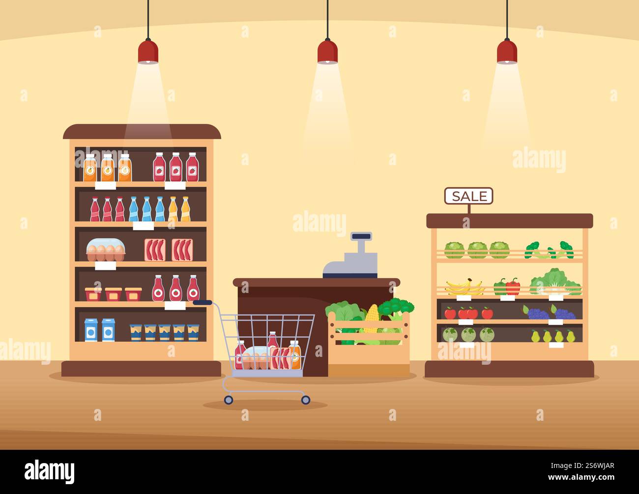 Supermarket with Shelves, Grocery Items and Full Shopping Cart, Retail ...