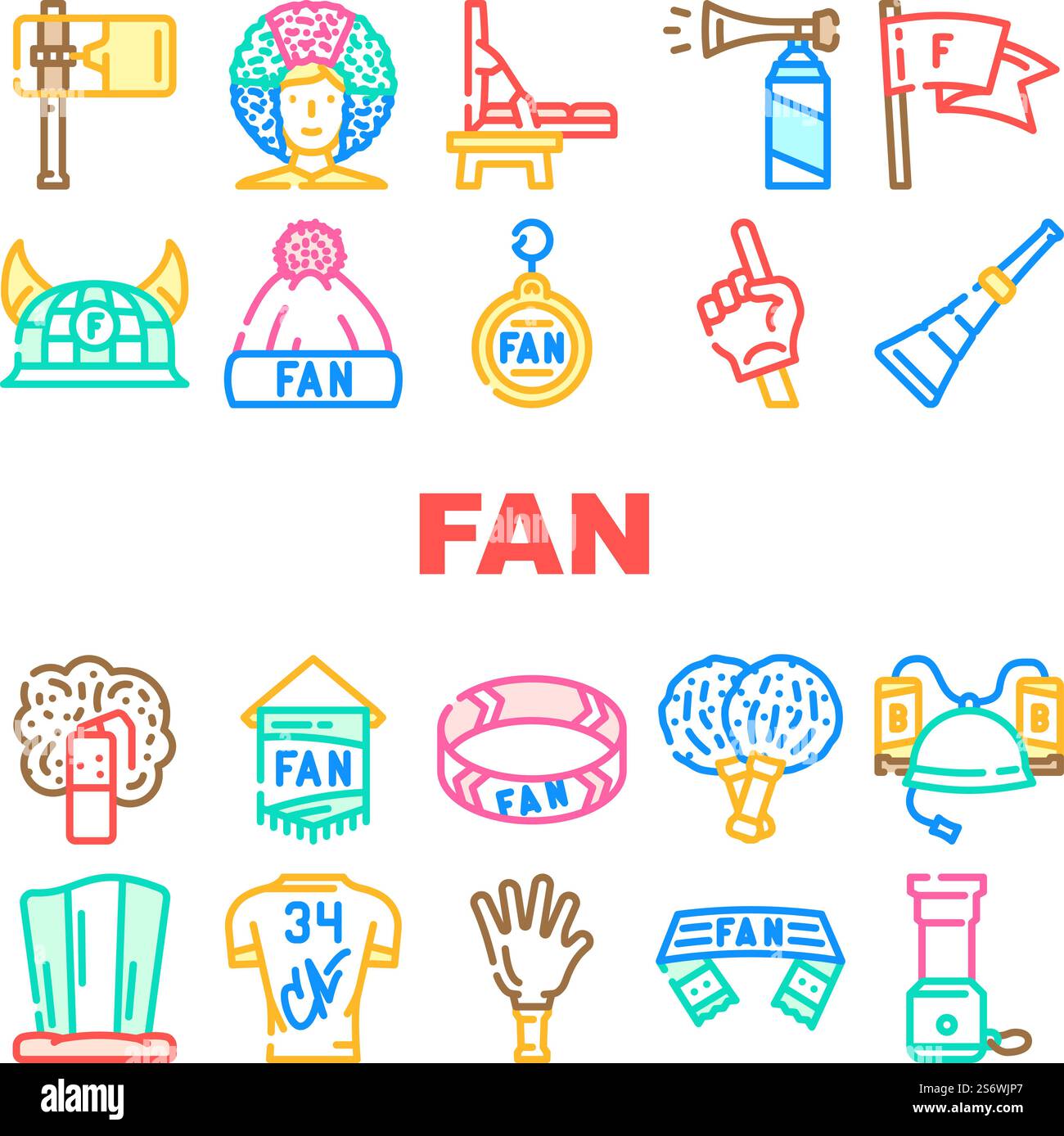 Sport Fan Supporter Accessories Icons Set Vector. Sport Fan Scarf And ...