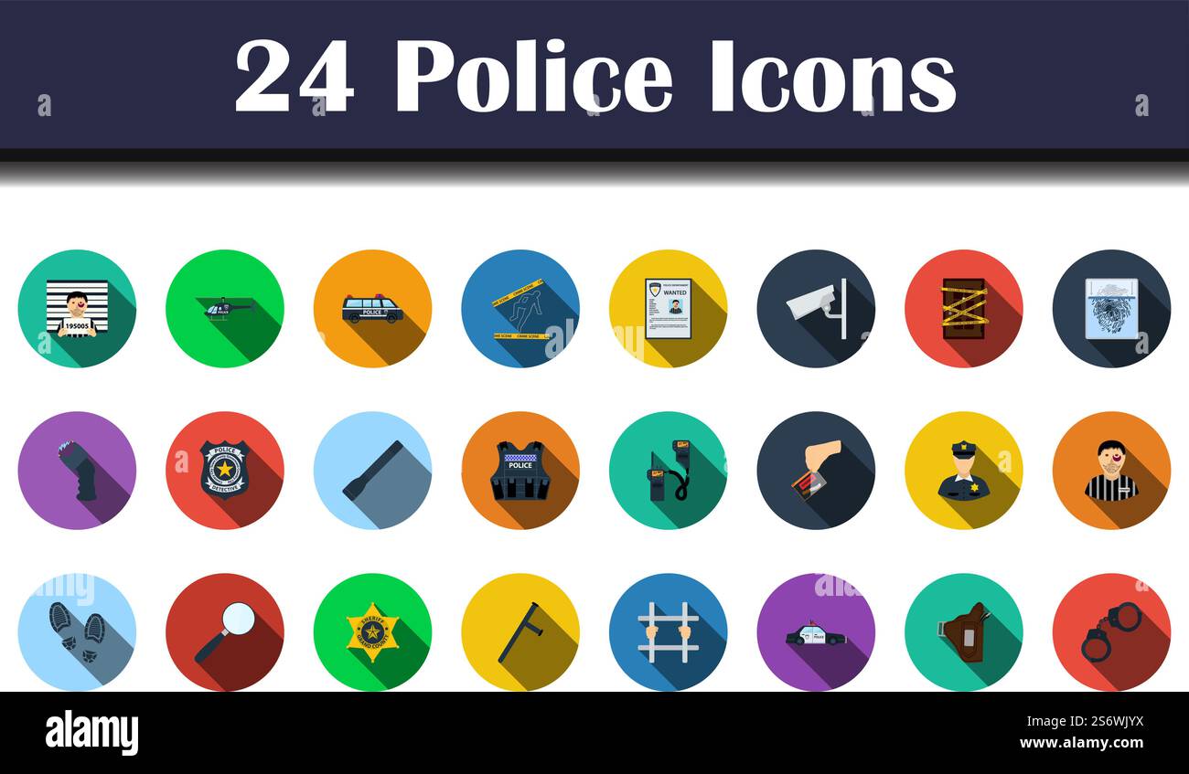 Police Icon Set. Flat Design With Long Shadow. Vector illustration ...