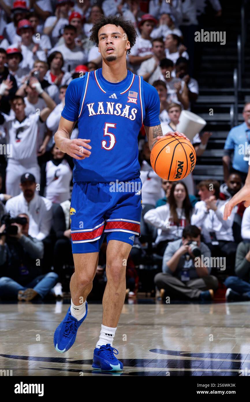 CINCINNATI, OH - JANUARY 11: Kansas Jayhawks guard Zeke Mayo (5) brings ...