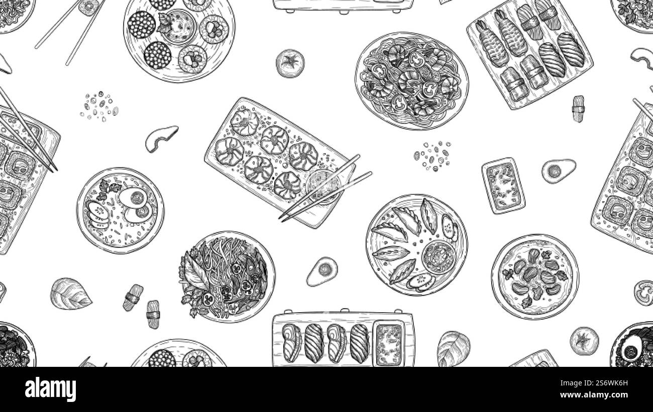 Sketch asian food pattern. Delicious pasta, chinese and japanese ...