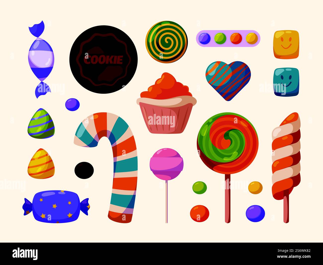 Cartoon sweets. Cookies lollipop and colored glass sugar chocolate ...
