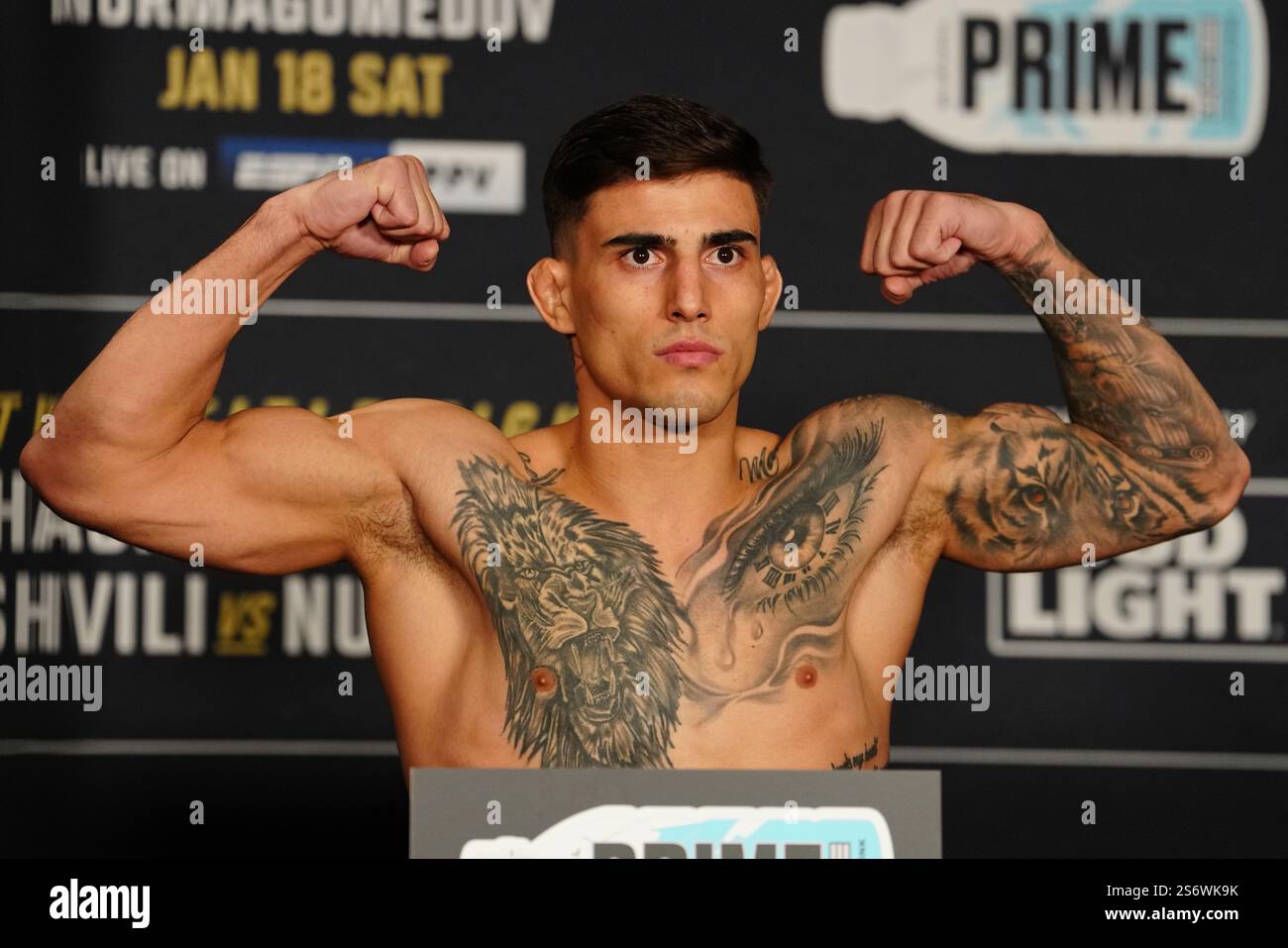 LOS ANGELES, CA- JANUARY 17: Bernardo Sopaj steps on the scale for the ...