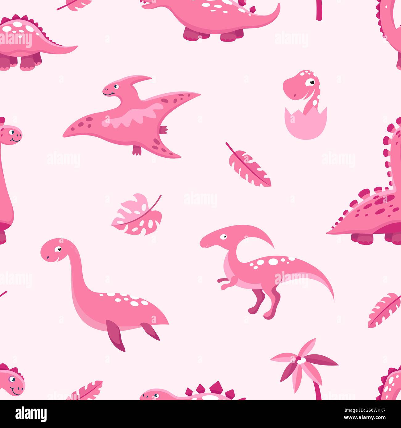 Pink dino pattern. Cute cartoon dinosaurs, leaves and palm. Pastel ...