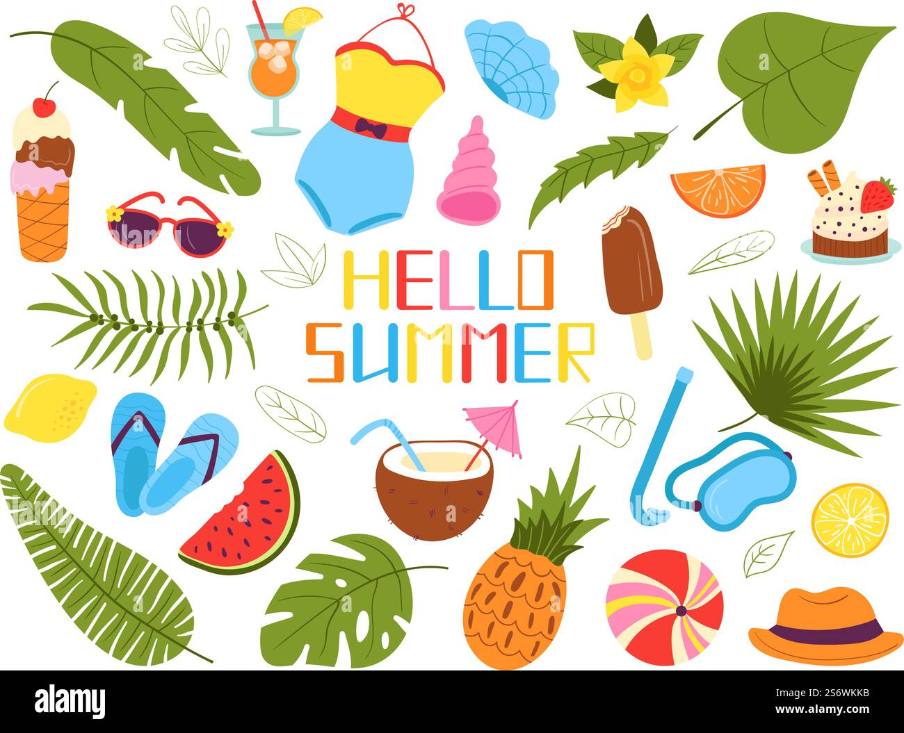 Cute cartoon summer elements. Kids vacations doodle stickers ...