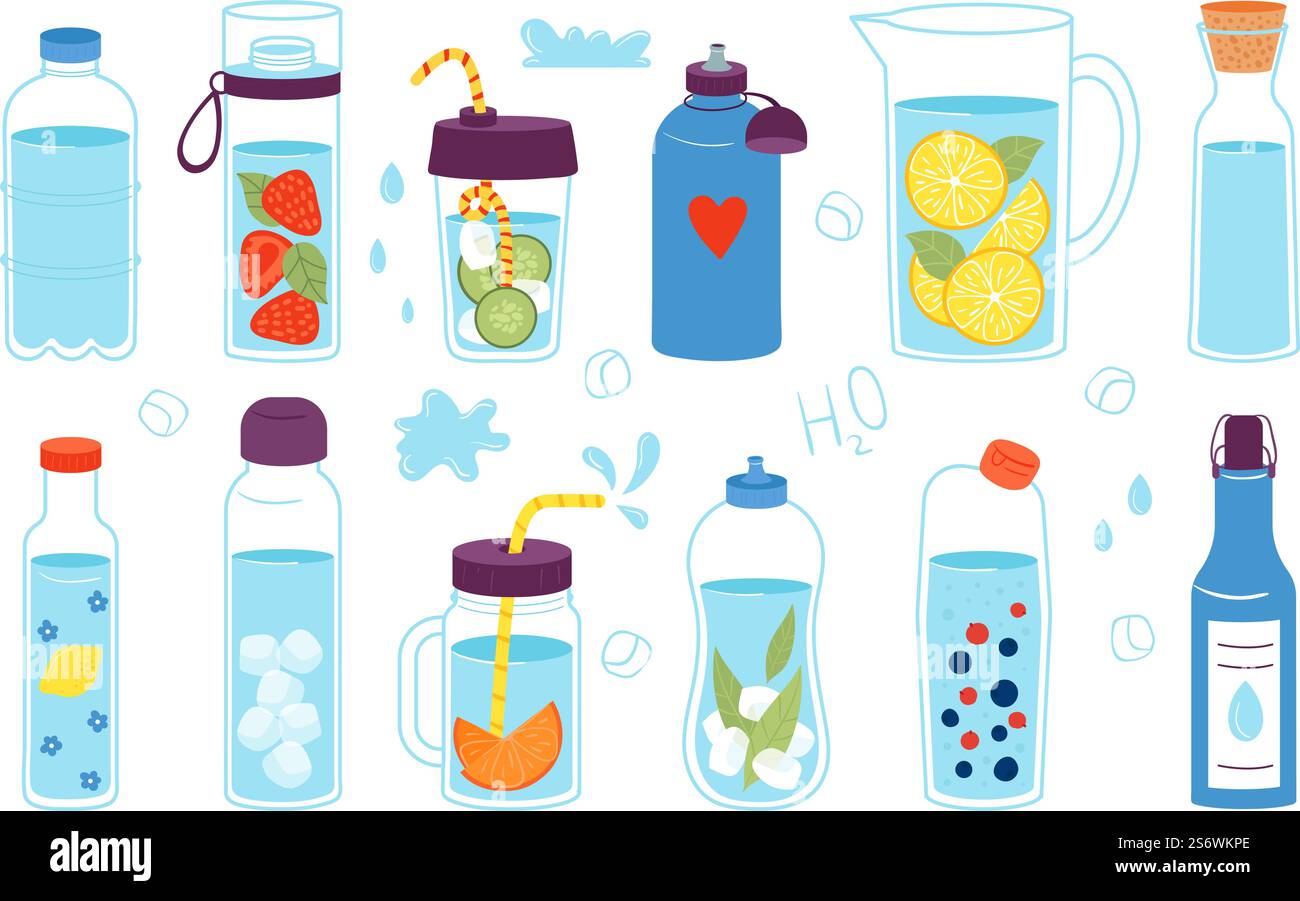 Water drink elements. Cute drinks, drops splashing and glasses. Reusable and sporting bottles ...