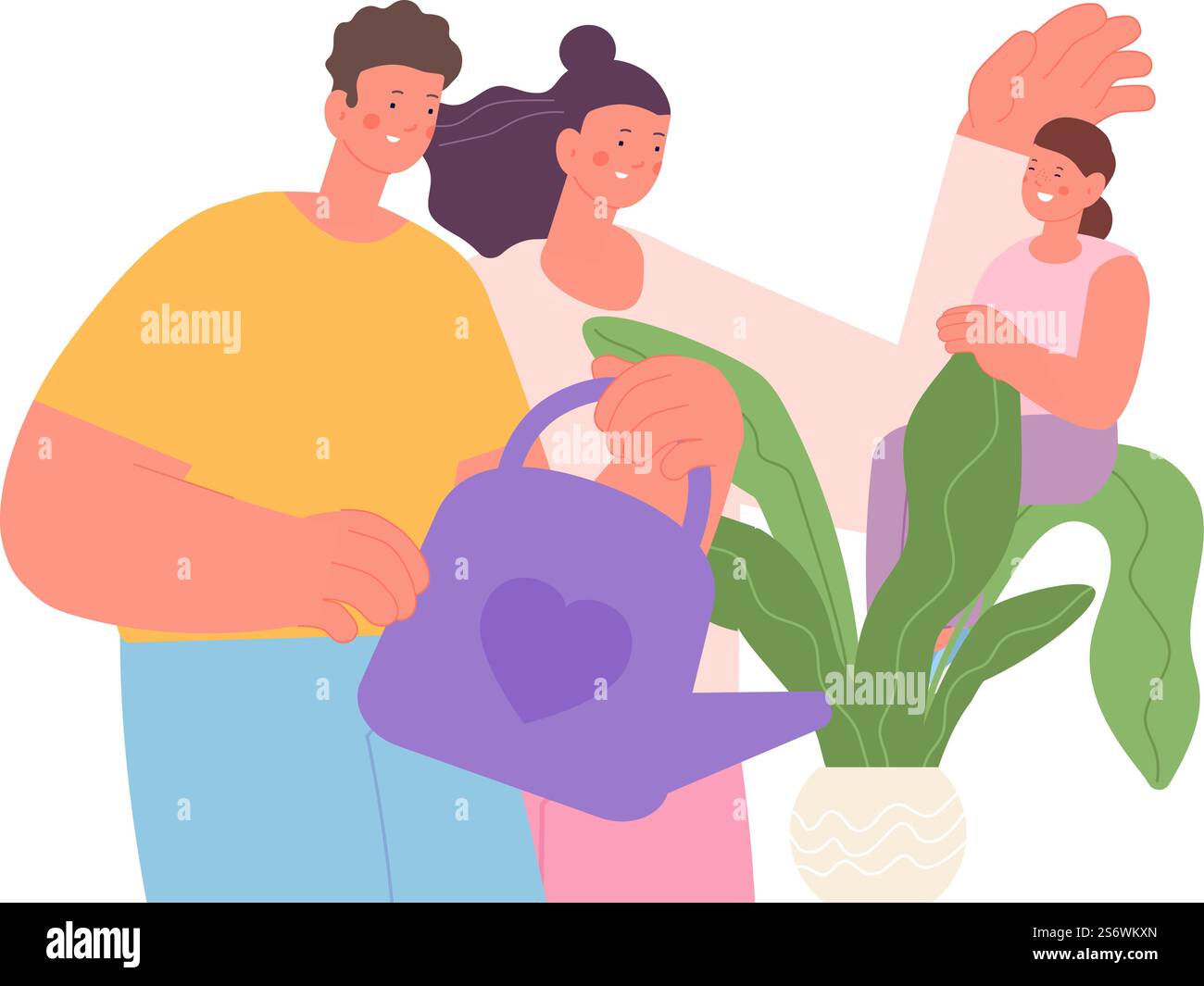 Parents grow child. Family care and live, happy daughter sit in flower ...