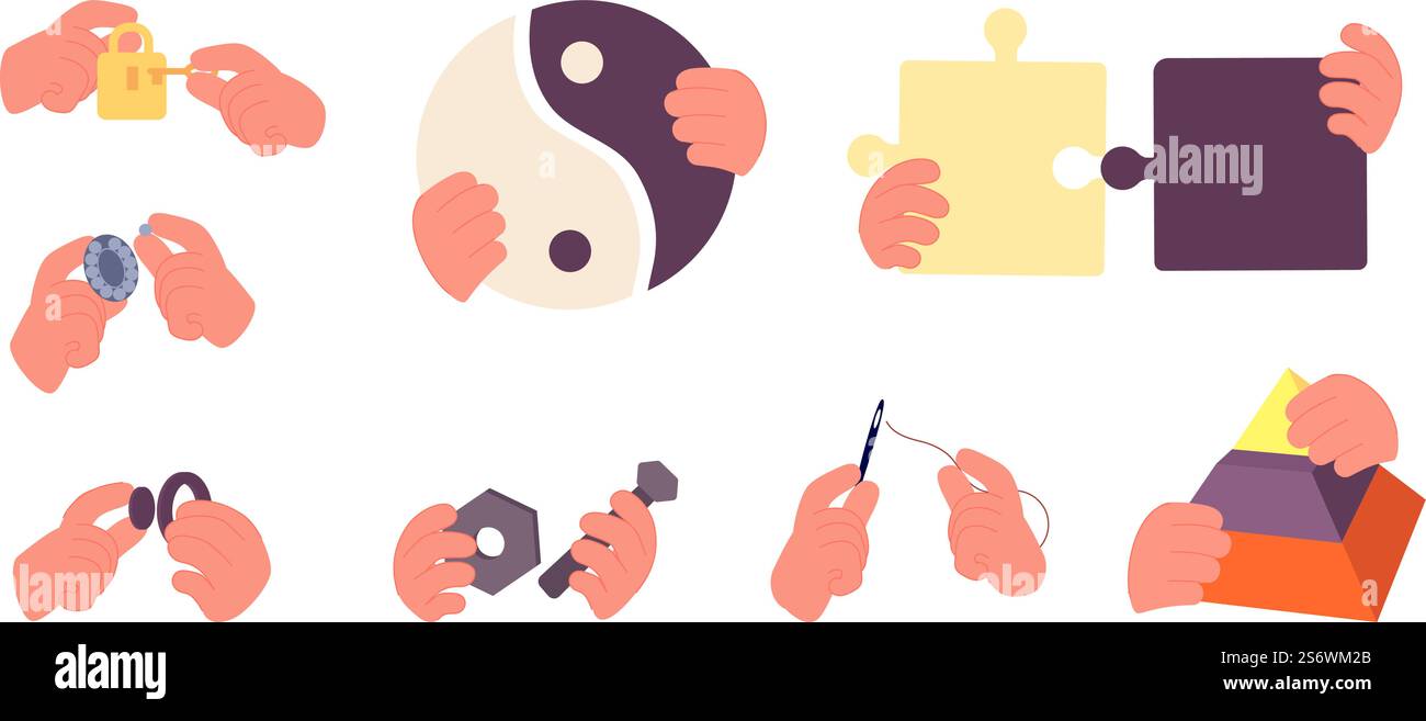 Hands collect different elements. Teamwork, business or finding balance ...