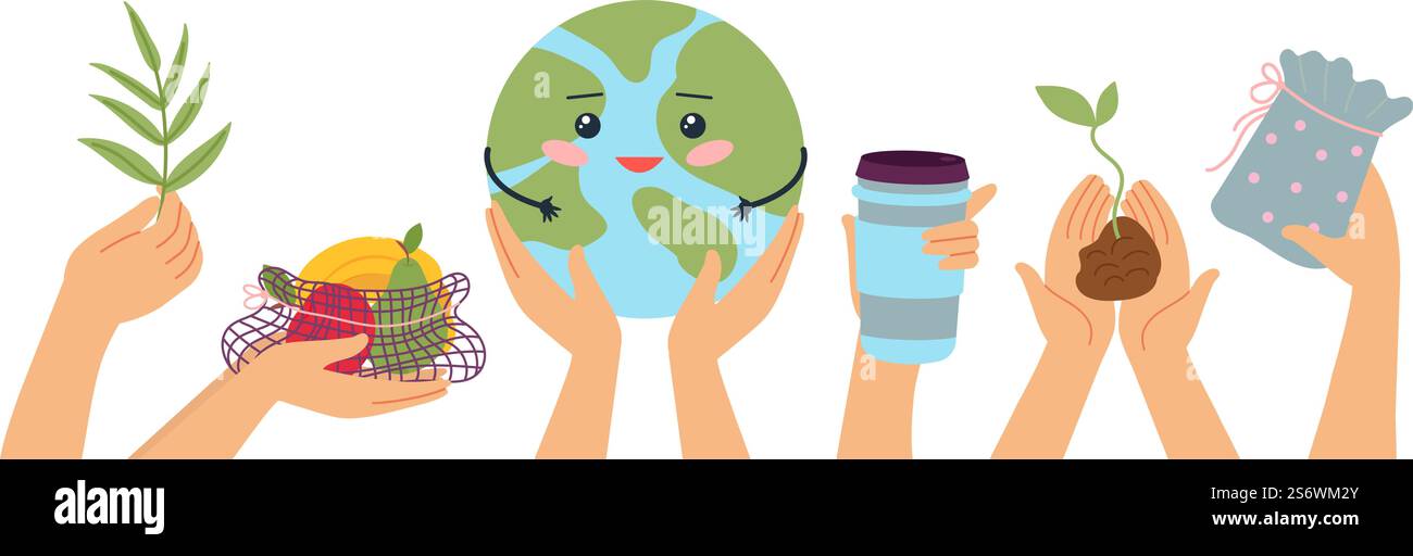 Eco banner. Safety planet, environment take care. Hands holding earth ...