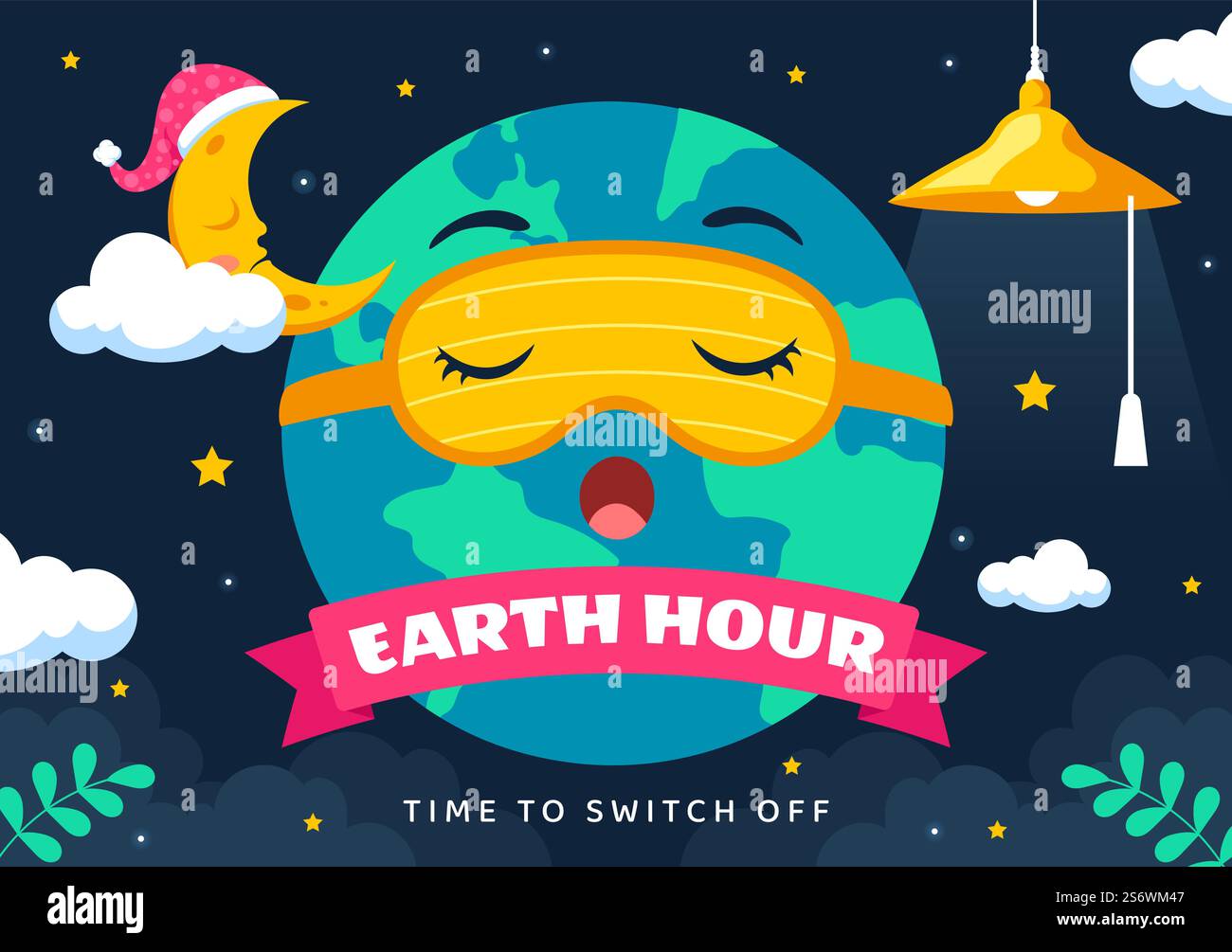 Happy Earth Hour Day Vector Illustration Featuring a Cloud, Light Bulb ...
