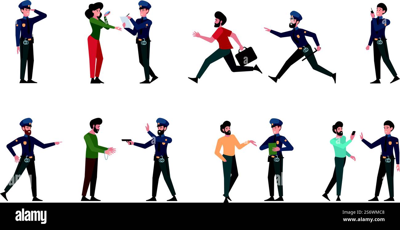 Police persons. Robbery murders and police officers in action poses ...