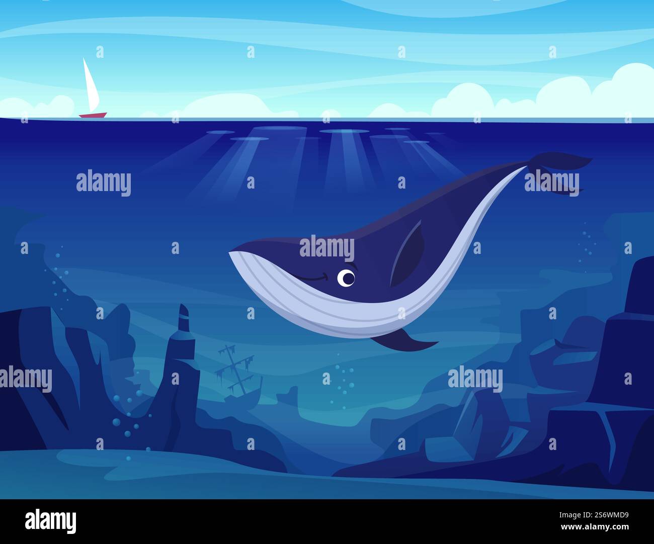 Underwater life. Whales and big fishes in ocean deep blue sea wild ...