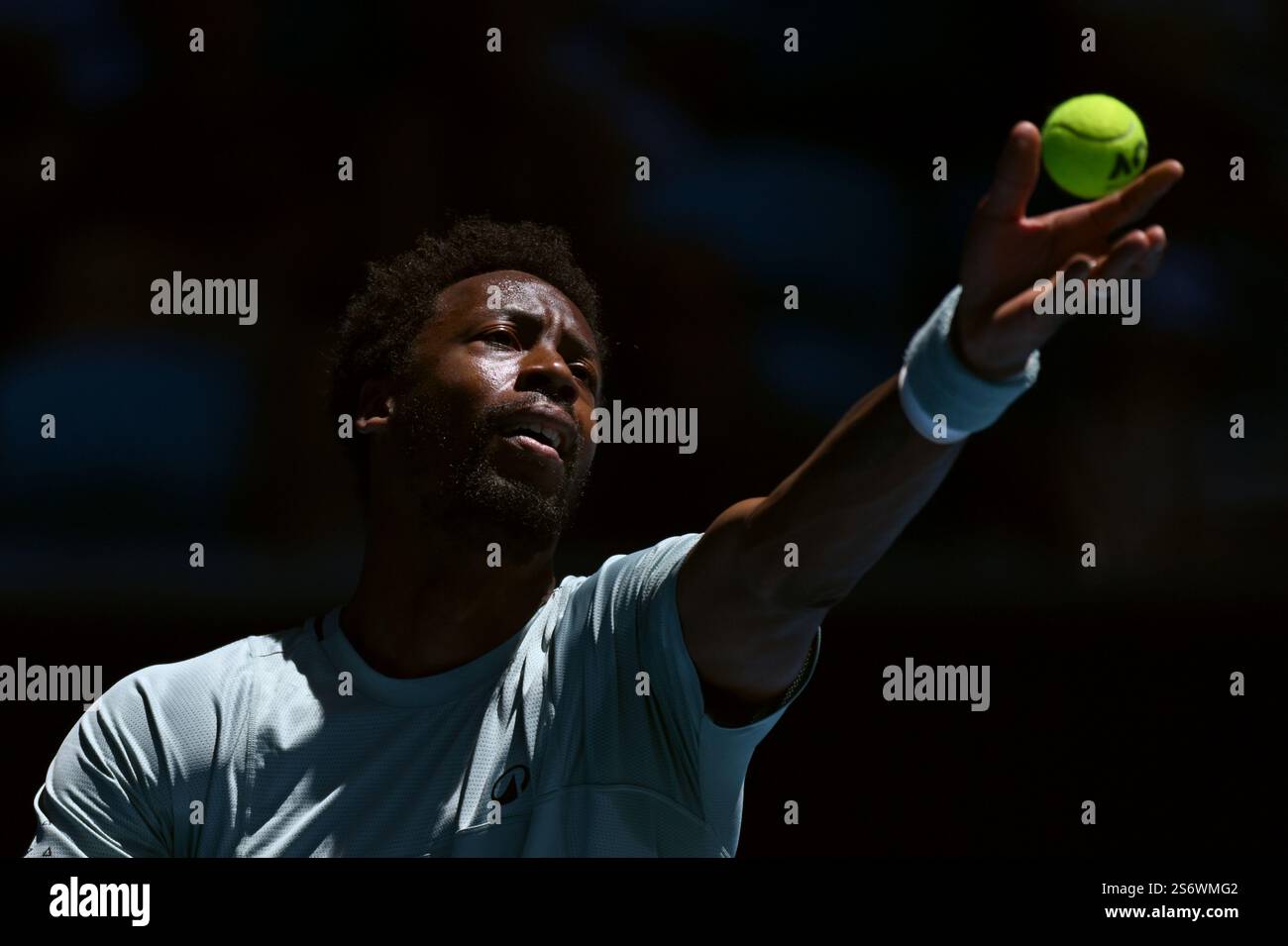 Gael Monfils of France serves during his round three match against Taylor Fritz of USA during ...