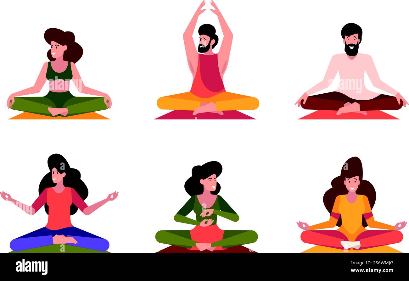 People meditation. Businessman in relaxing yoga poses mindfulness ...