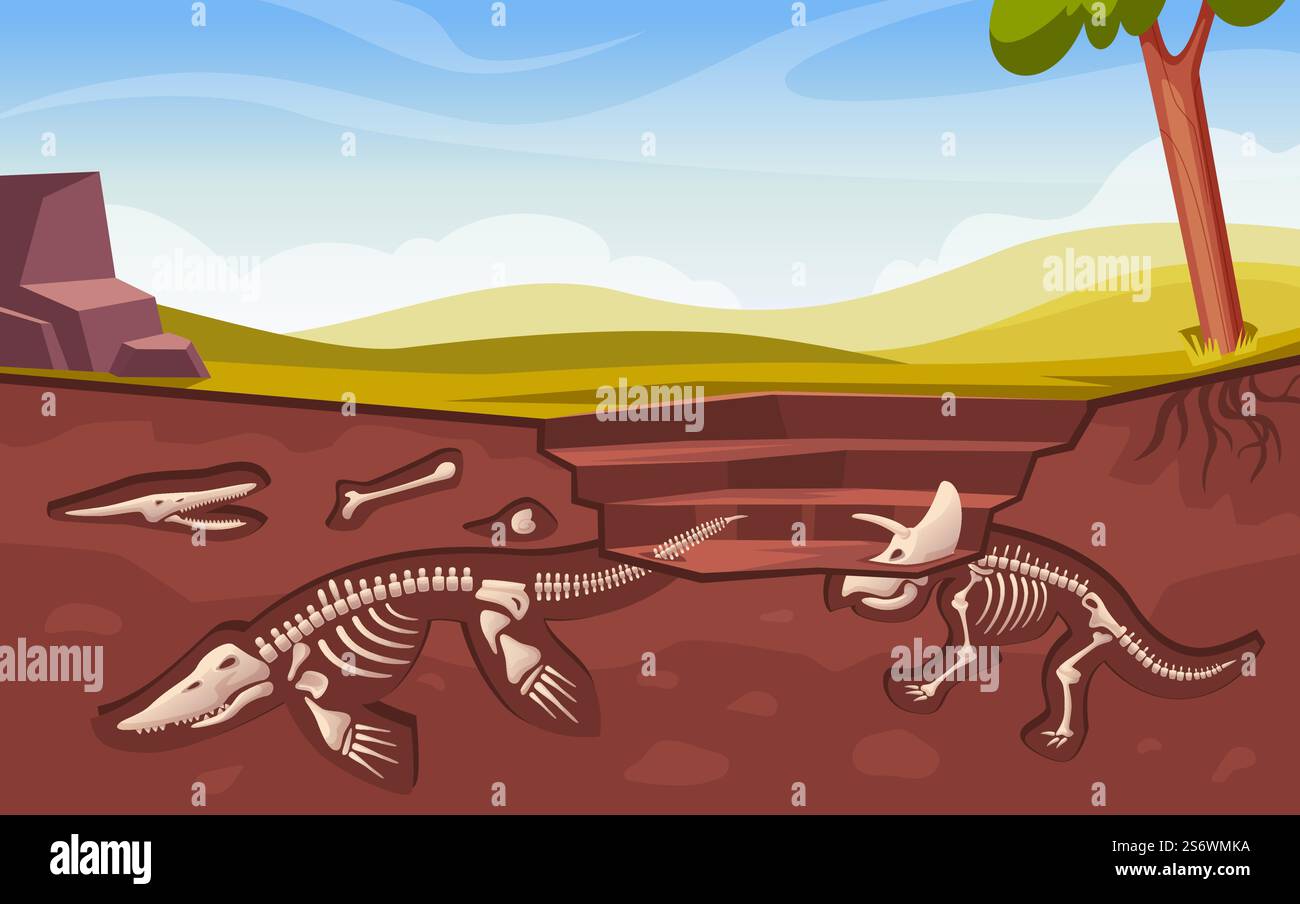 Archeological excavation. Dinosaur bones skeleton underground artifacts ...