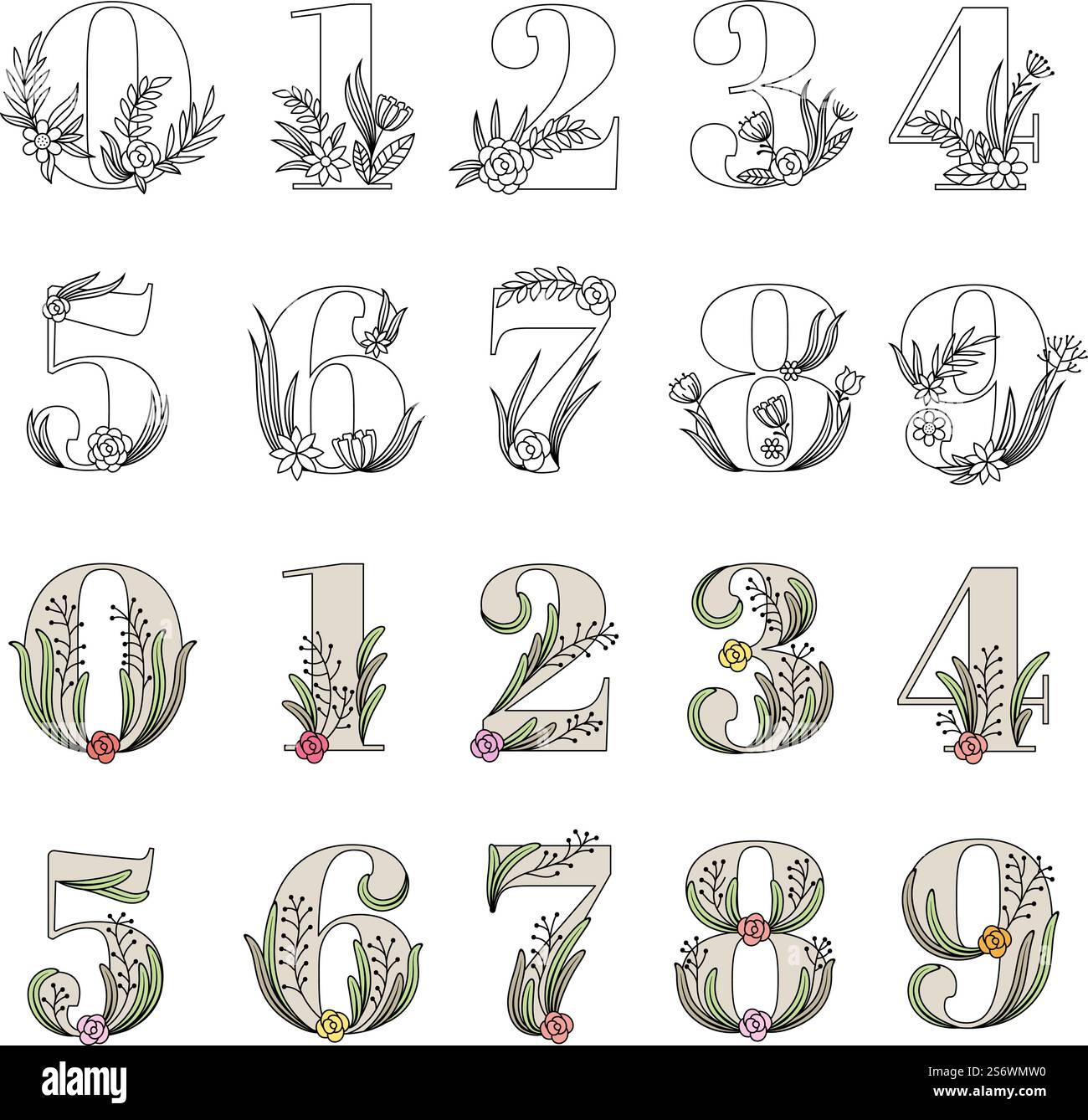 Decorative numbers. Floral alphabet botanical flowers stylized symbols ...
