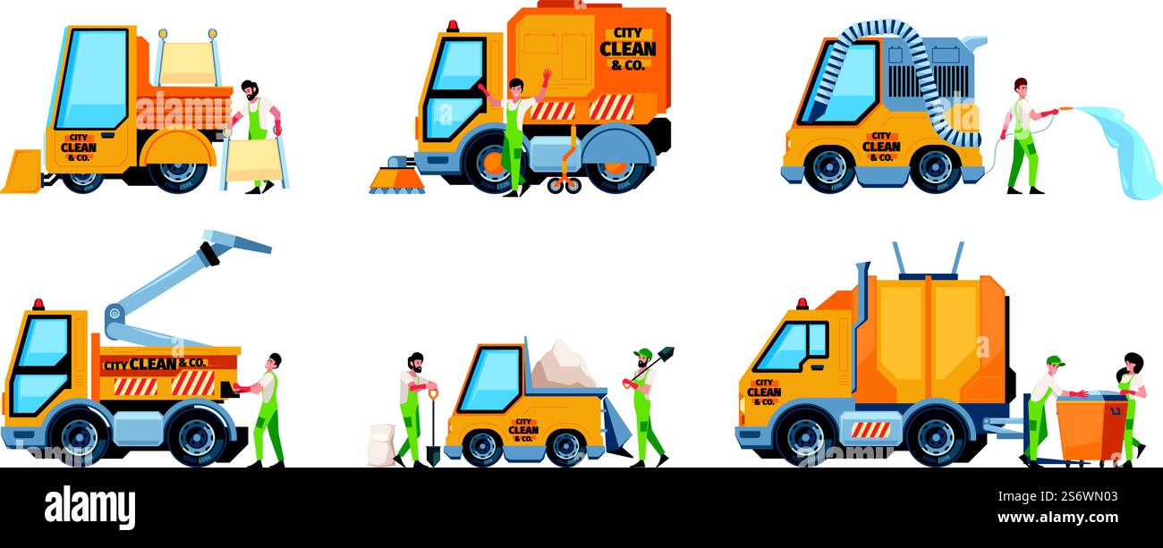 Cleaning service. Urban vehicles cleaners street sweepers bad dust ...