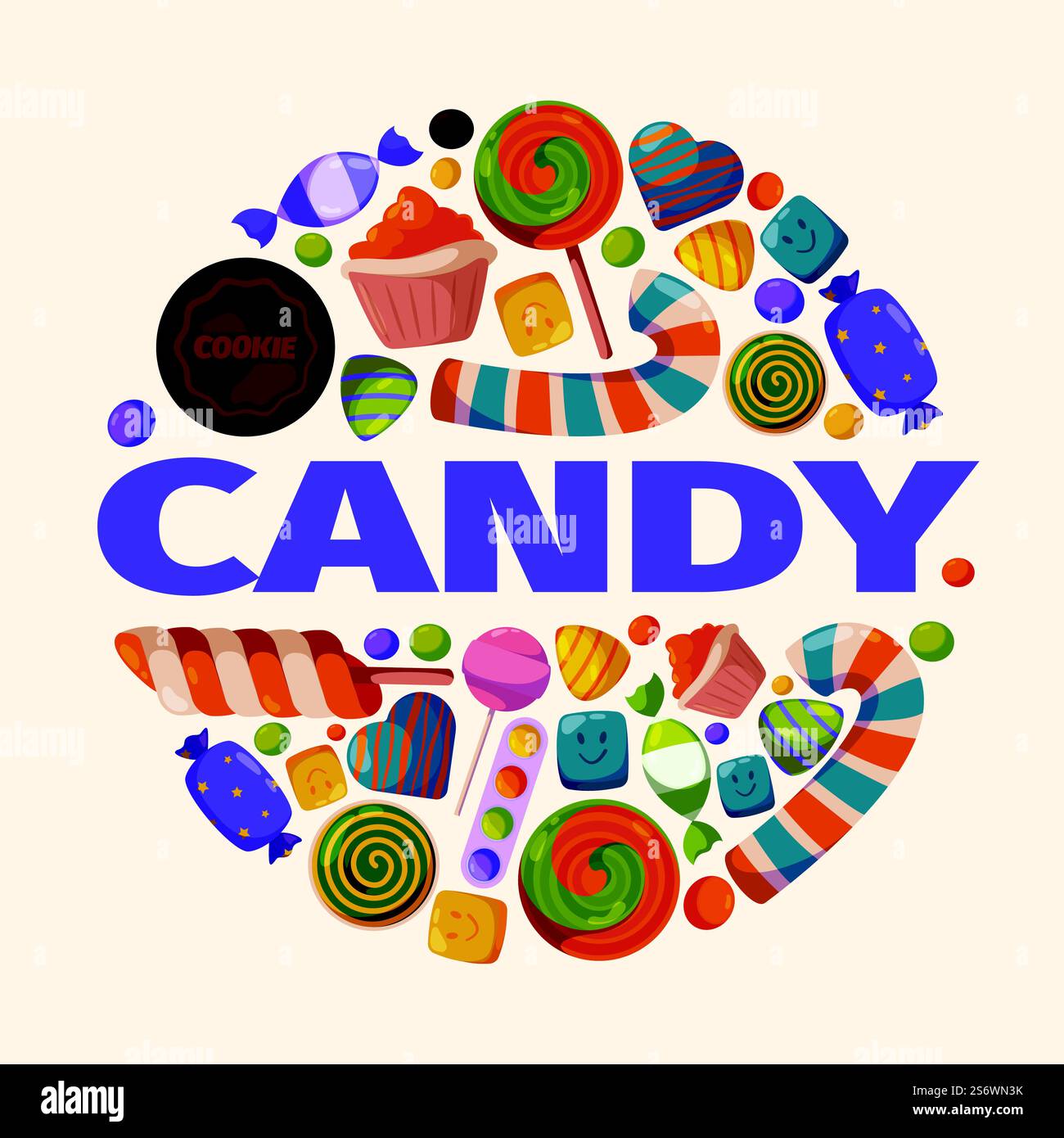 Sweets circle. Sugar chocolate candies lollipops confectionery products ...
